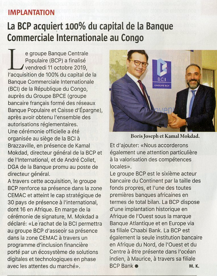 Pages - Implantation : la BCP acquiert 100% du capital de la BCI au Congo